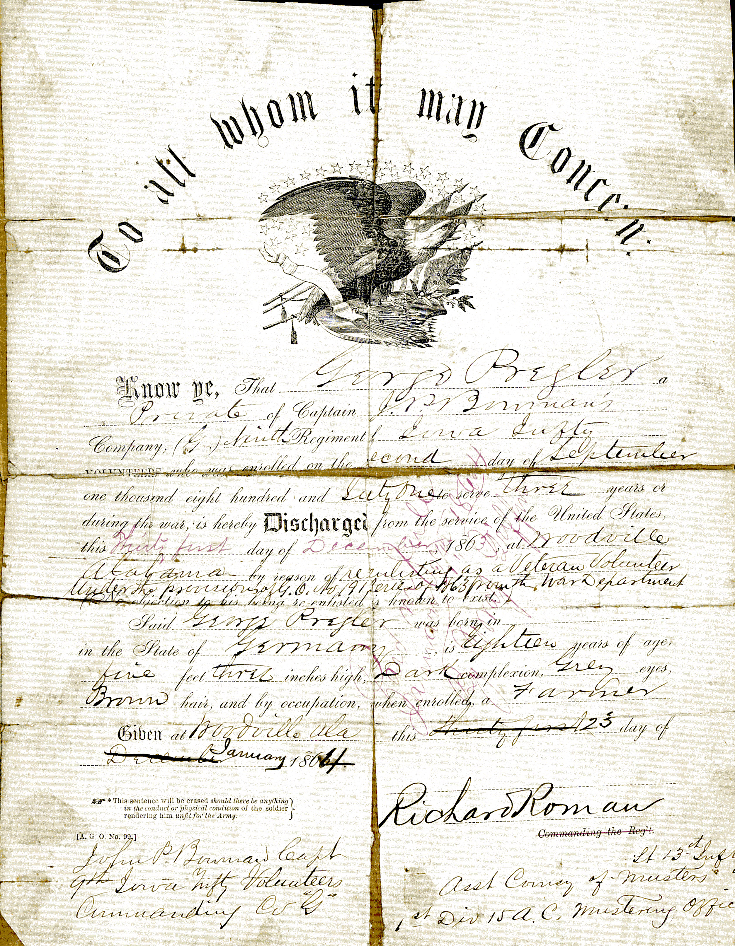 Discharge Papers of George Pregler – 9th Iowa Infantry - 1864