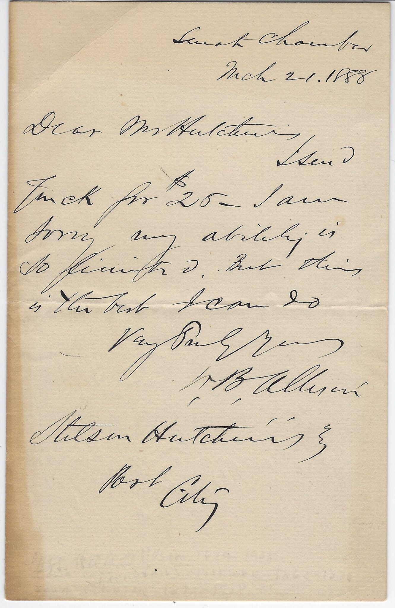 U.S. Sen. Wm. B. Allison to Stilson Hutchins – 1888